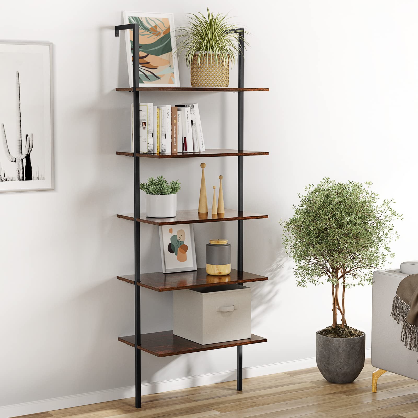 Wakefit Ladder Shelf Industrial Bookshelf, 5-Tier Ladder Bookshelf with Metal and Wood, Wall Mounted Modern Bookcase Display Shelf Organizer for Home Office, Bedroom and Living Room, Dark Walnut