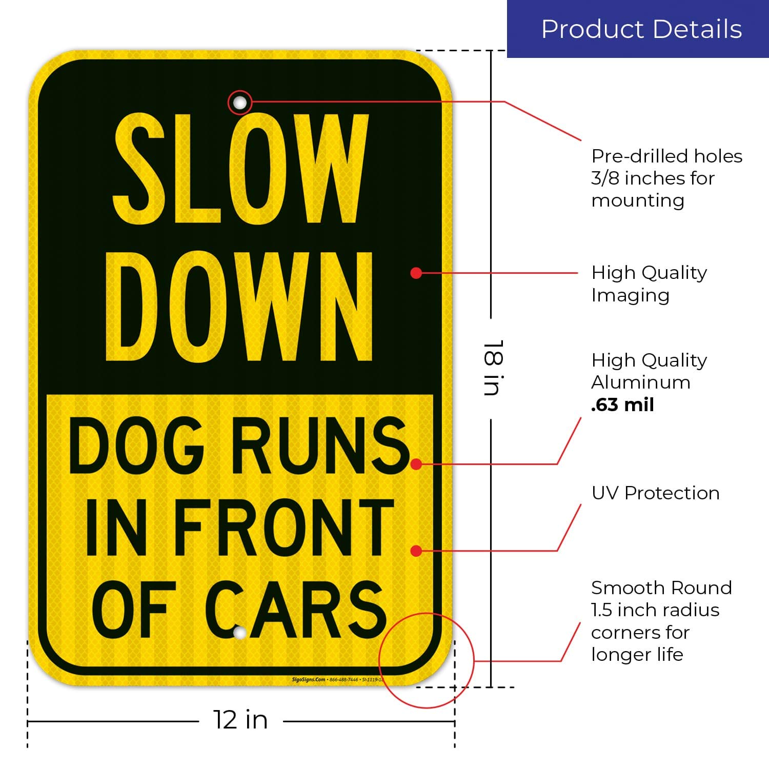 Sigo Signs Dogs at Play Sign, Slow Down Dog Runs in Front of Cars, Large 12x18 3M Reflective (EGP) Heavy .63 Aluminum,Weather/Fade Resistant, Easy Mounting, Indoor/Outdoor Use, Made in USA