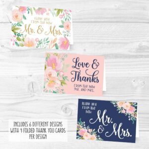 24 Navy Floral Wedding Thank You Cards With Envelopes Wedding Thank You From The New Mr And Mrs Cards - Mr And Mrs Thank You Cards Wedding With Envelopes, Bride Thank You Wedding Cards With Envelopes