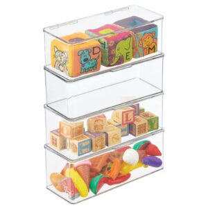 mdesign plastic playroom and gaming storage organizer box containers with hinged lid for shelves or cubbies, holds small toys, building blocks, puzzles, markers, controllers, or crayons, 4 pack, clear