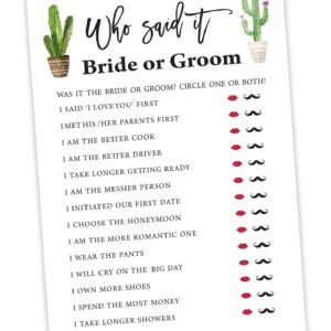 Inkdotpot Cactus Taco'bout Love 50-Pack He Said She Said Cards for Couples Funny Rehearsal Dinner Who Said it Question Bridal Shower Engagement Party Game Ideas