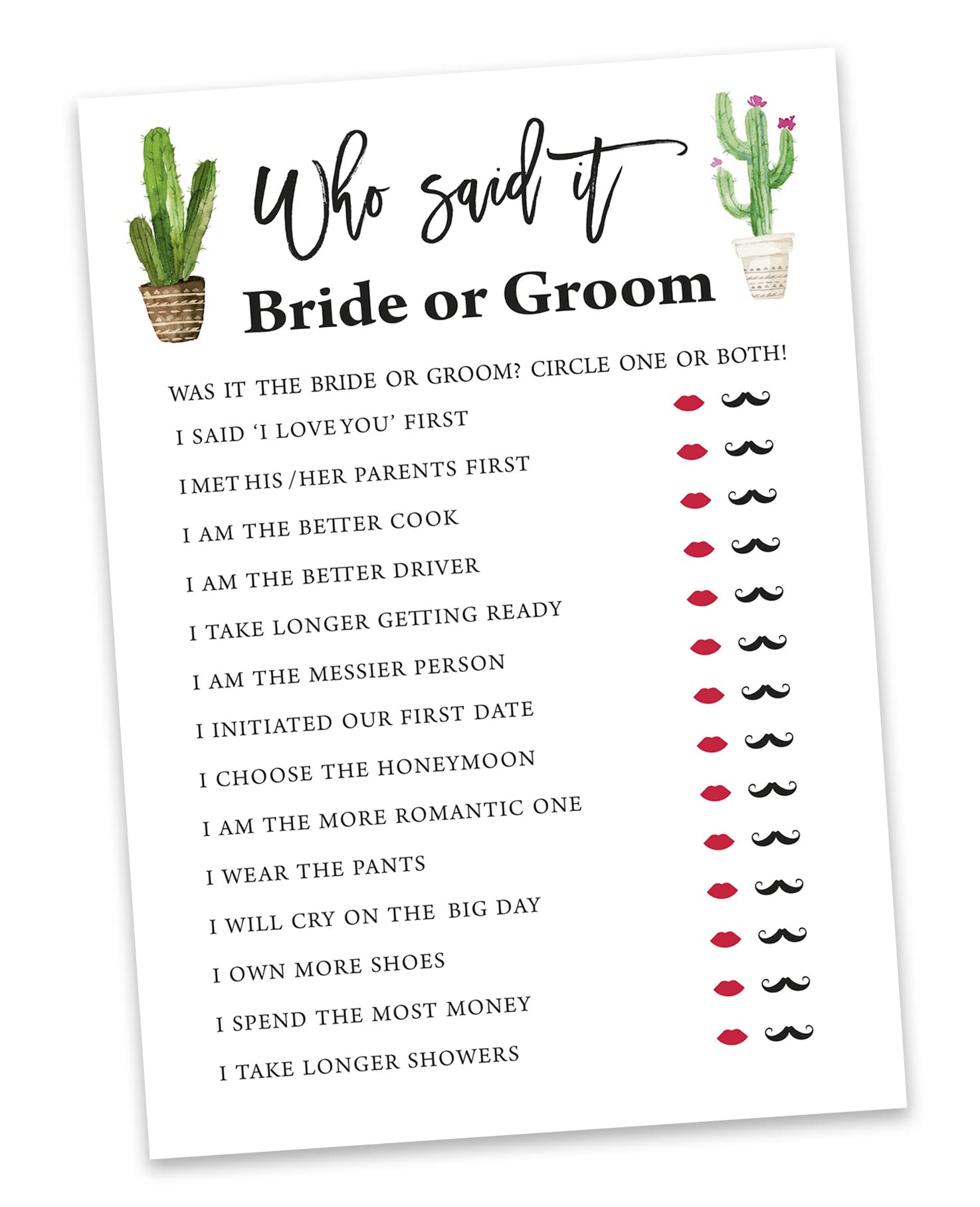 Inkdotpot Cactus Taco'bout Love 50-Pack He Said She Said Cards for Couples Funny Rehearsal Dinner Who Said it Question Bridal Shower Engagement Party Game Ideas