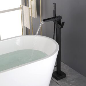 shamanda luxury freestanding bathtub faucet single handle waterfall tub filler with handheld shower matte black, floor mounted, fl701-7