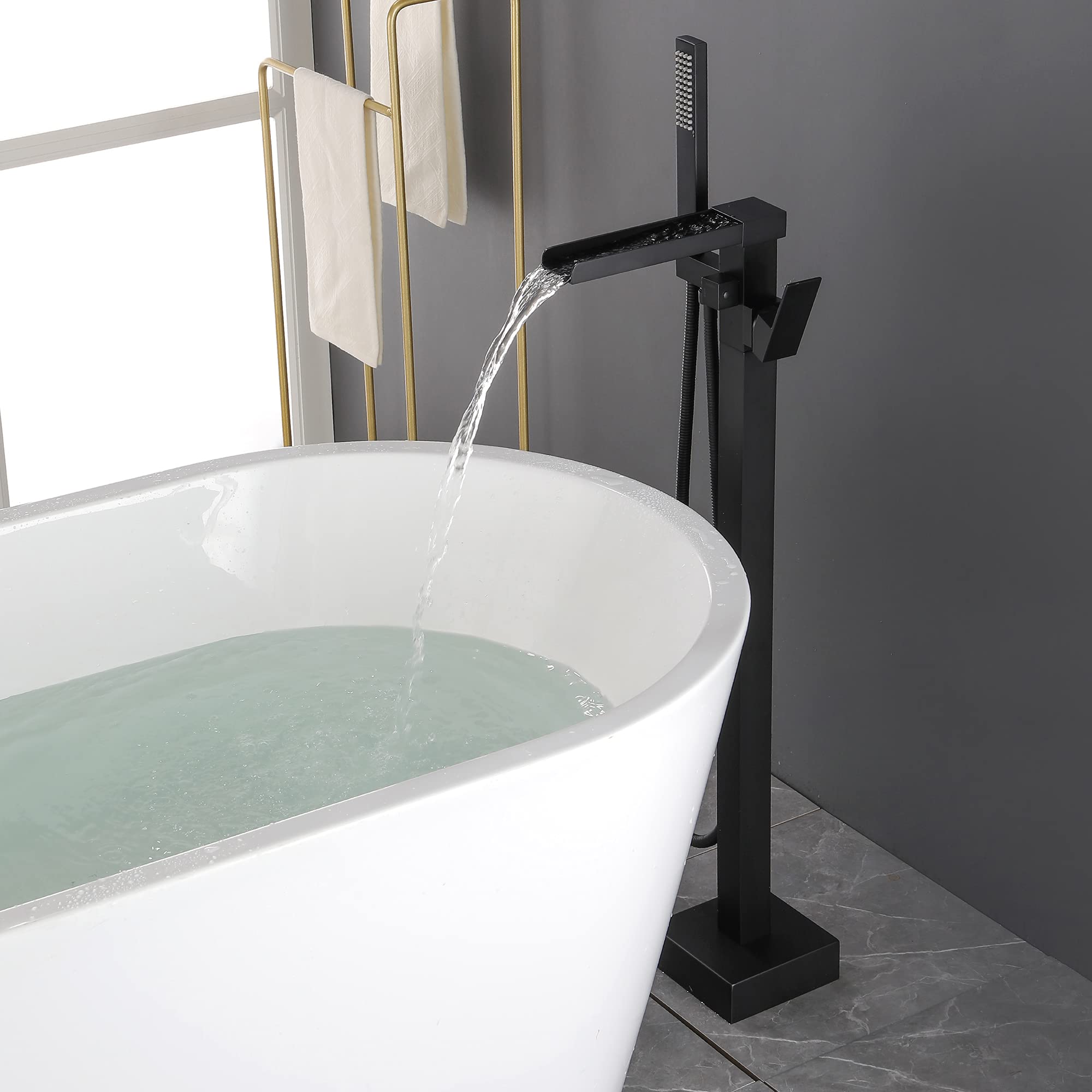 SHAMANDA Luxury Freestanding Bathtub Faucet Single Handle Waterfall Tub Filler with Handheld Shower Matte Black, Floor Mounted, FL701-7