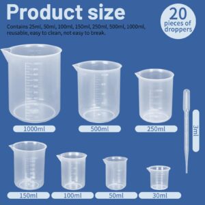 Twdrer 7 Sizes Plastic Beaker Set,Clear Measuring Graduated Liquid Container Beakers in 30ml/50ml/100ml/150ml/250ml/500ml/1000ml for Laboratory Measuring with 20 PCS Plastic Droppers in 3 ml