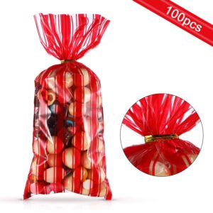 100 Pieces Plastic Circus Carnival Party Treat Bags Red and White Stripe Printed Clear Cellophane Carnival Party Cookie Candy Goody Treat Bags with 100 Gold Twist Ties for Circus Carnival Party Favor