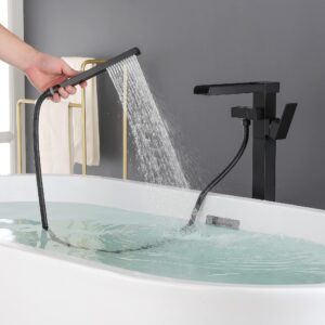 SHAMANDA Luxury Freestanding Bathtub Faucet Single Handle Waterfall Tub Filler with Handheld Shower Matte Black, Floor Mounted, FL701-7