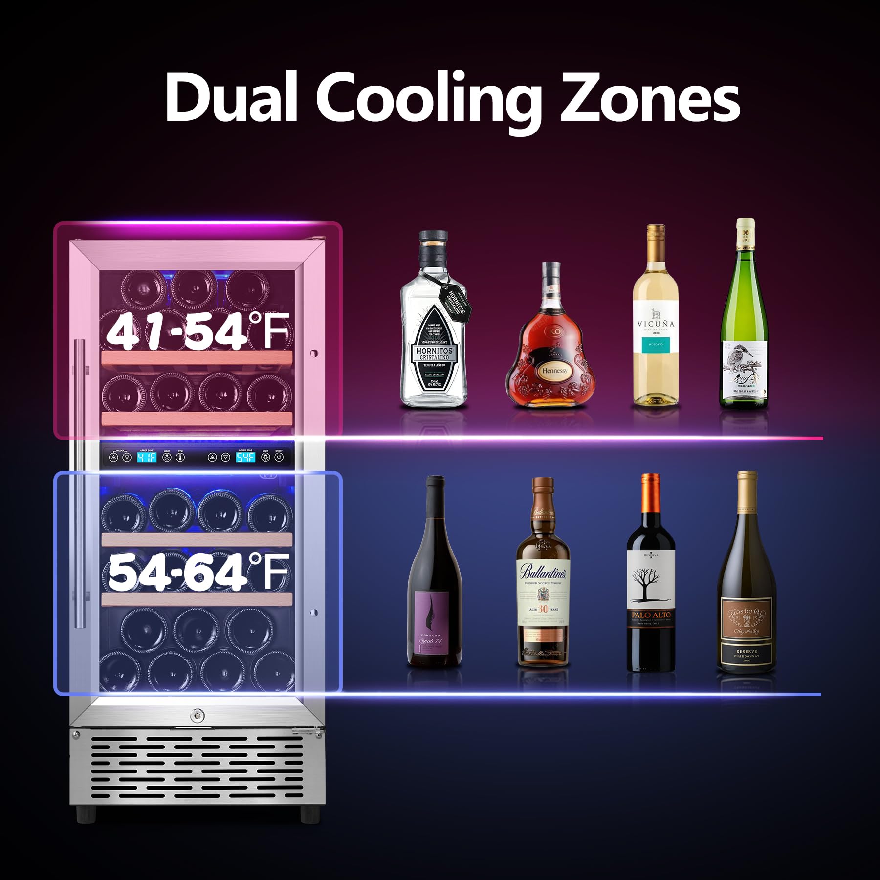 Karcassin Dual Zone 15 Inch Wine Cooler, 28 Bottle Wine Fridge with Stainless Steel Tempered Glass Door, Fit Red & White Wine, Built-in or Freestanding