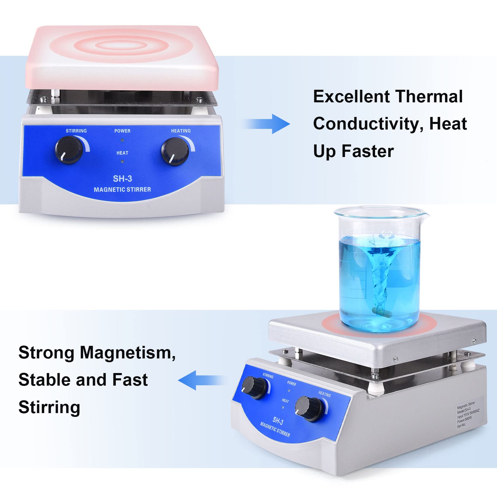 Slendor Magnetic Stirrer Hot Plate Mixer 3000ml Stirring Capacity 6.7 x 6.7 inch Max 520°F Hotplate and 100-2000 RPM Stirrer, Stirring Bar & Support Stand Included