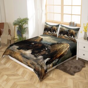 Erosebridal Bison Duvet Cover Set Twin Size Western Wildlife Buffalo Bull Bedding Set 2 Pieces, Boys Teens Comforter Set and 1 Pillow Sham, Dorm Hotel Home Decor Cover Sets, Animals Theme