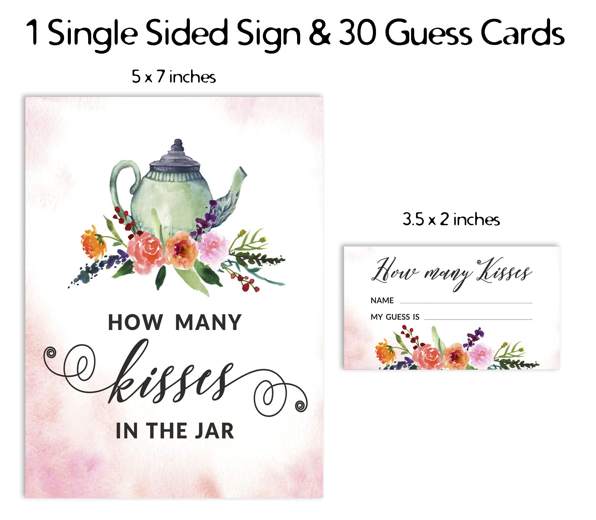 Inkdotpot How Many Kisses in The Jar White Tea Party Bridal Shower Game 1 Sign + 30 Cards