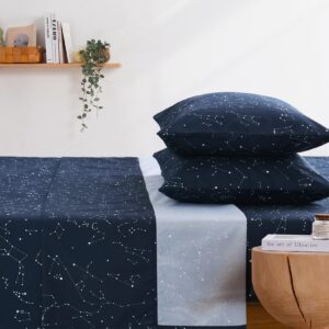 Wake In Cloud - Constellation Bed Sheets, 4-Piece Sheet Set, Celestial Space Witchy Star Galaxy Astrology, Soft Microfiber Deep Pocket Bedding, Navy Blue, Twin Size