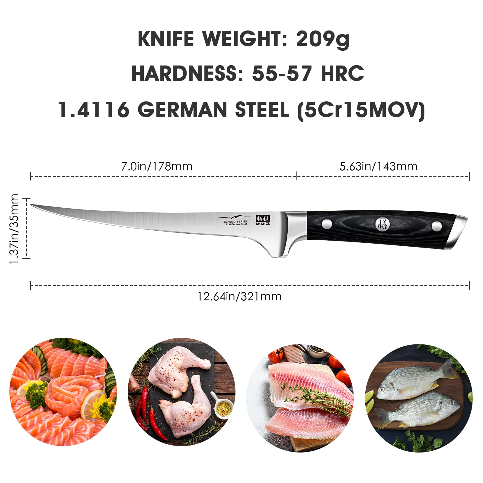 SHAN ZU Fillet Knife 7 inch- Edge Deboning Fish and Meat Boning Knife, Professional Super Sharp Fish Knife Made of German Stainless Steel Boning Knife with Full Tang Handle