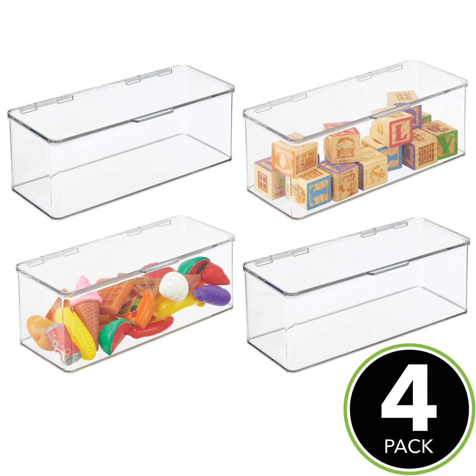 mDesign Plastic Playroom and Gaming Storage Organizer Box Containers with Hinged Lid for Shelves or Cubbies, Holds Small Toys, Building Blocks, Puzzles, Markers, Controllers, or Crayons, 4 Pack, Clear