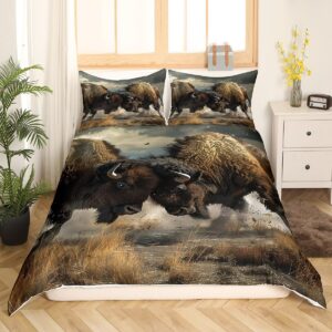 Erosebridal Bison Duvet Cover Set Twin Size Western Wildlife Buffalo Bull Bedding Set 2 Pieces, Boys Teens Comforter Set and 1 Pillow Sham, Dorm Hotel Home Decor Cover Sets, Animals Theme