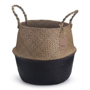 seagrass plant basket with handles natural woven storage baskets (black 9 inch d x 11 inch h)