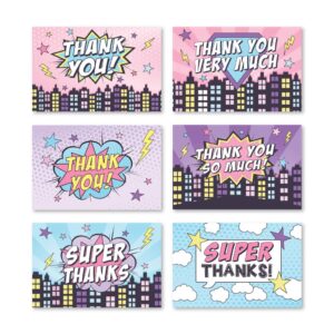 24 pink superhero thank you cards with envelopes, girls kid birthday party or adult comic bam pow gratitude supplies for grad, baby or bridal wedding shower, boy children or woman hero stationery