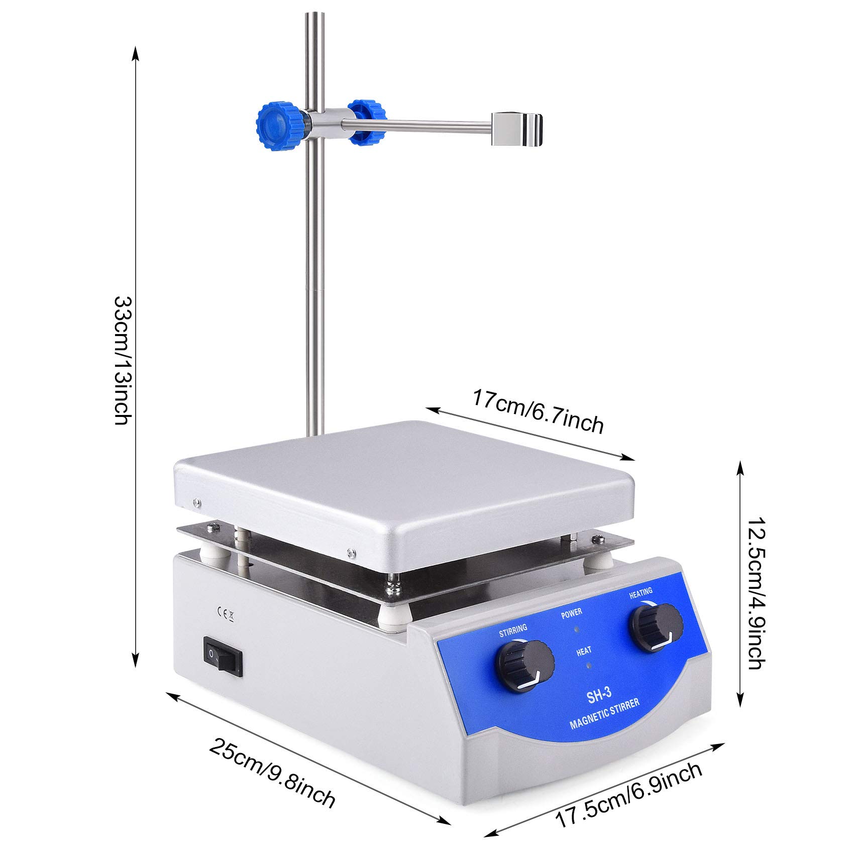 Slendor Magnetic Stirrer Hot Plate Mixer 3000ml Stirring Capacity 6.7 x 6.7 inch Max 520°F Hotplate and 100-2000 RPM Stirrer, Stirring Bar & Support Stand Included