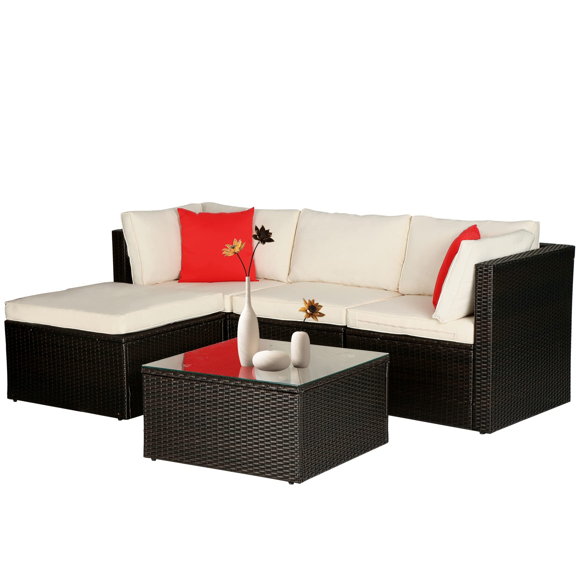 5 Pieces Patio Furniture Outdoor Wicker Sectional Patio Rattan Chair Conversation Backyard Lawn Porch Poolside Balcony Garden Sofa Set with Glass Coffee Table, Brown