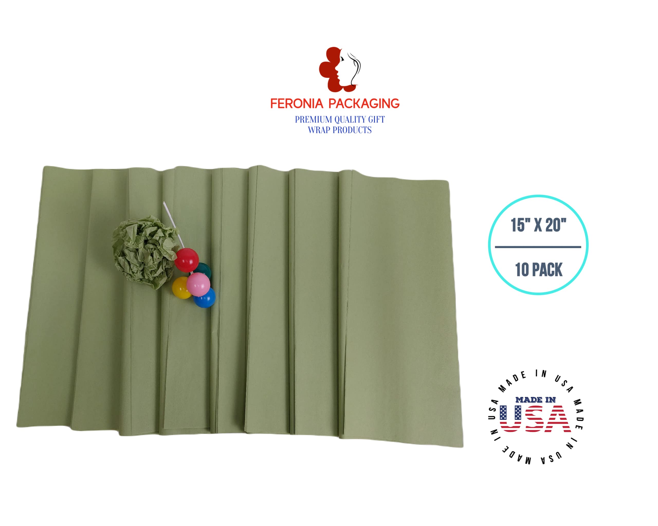 Feronia packaging Sage Tissue Paper Squares, Bulk 10 Sheets, Premium Gift Wrap and Art Supplies for Birthdays, Holidays, or Presents, Large 15 Inch x 20 Inch Made in USA