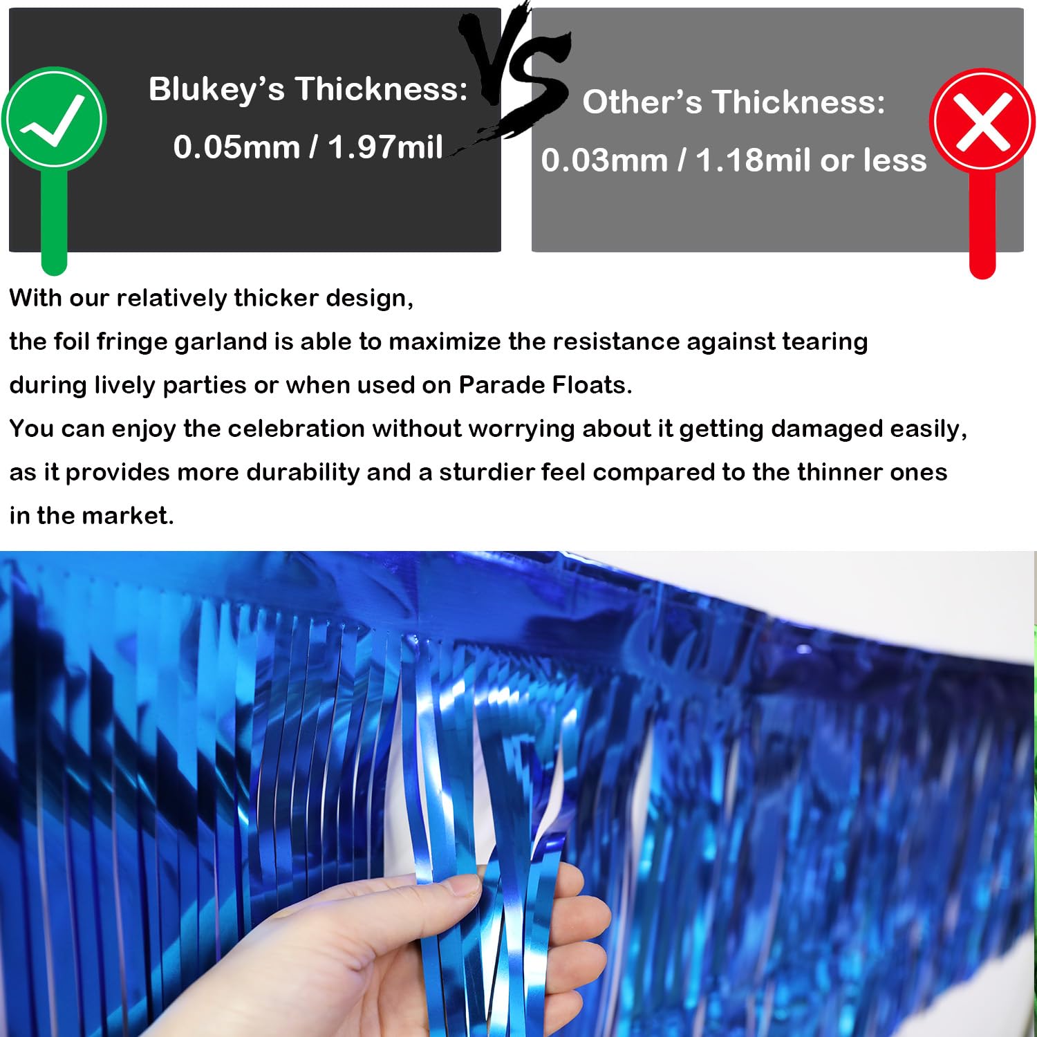 Blukey Thick 10 Feet by 15 Inch Royal Blue Foil Fringe Garland - Pack of 6 | Shiny Metallic Tinsel Banner for Parade Floats, Bridal Shower, Wedding, Birthday, Christmas | Wall Hanging Drapes (6)