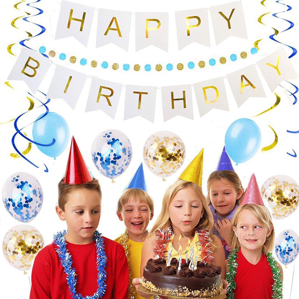 Birthday Decorations Blue and Gold for men,Happy Birthday Banner White, Blue Balloons and Gold Confetti Balloons Hanging Swirls, Glitter Circle Dots for Boy's Birthday Party, Baby Shower Adults Party