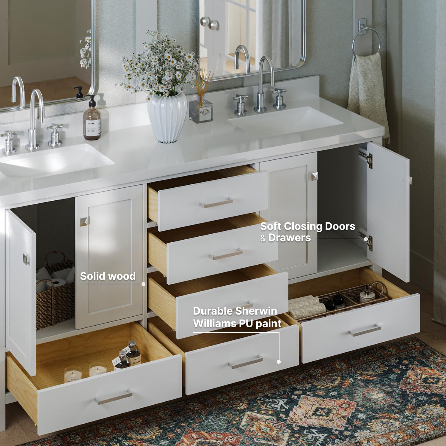 ARIEL Double Bathroom Vanity 73" Grey with 1.5" Edge Pure White Quartz Countertop & Splash, Rectangular Sinks, 4 Soft Closing Doors, 6 Full Extension Dovetail Drawers, Brushed Nickel (White)