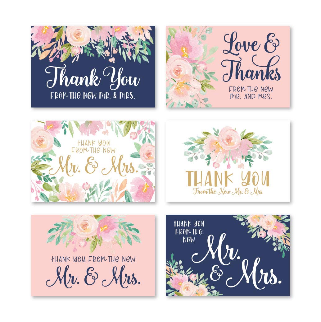 24 Navy Floral Wedding Thank You Cards With Envelopes Wedding Thank You From The New Mr And Mrs Cards - Mr And Mrs Thank You Cards Wedding With Envelopes, Bride Thank You Wedding Cards With Envelopes