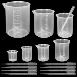 twdrer 7 sizes plastic beaker set,clear measuring graduated liquid container beakers in 30ml/50ml/100ml/150ml/250ml/500ml/1000ml for laboratory measuring with 20 pcs plastic droppers in 3 ml