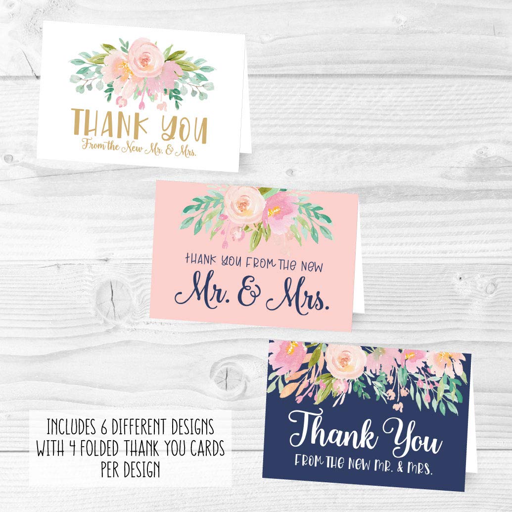 24 Navy Floral Wedding Thank You Cards With Envelopes Wedding Thank You From The New Mr And Mrs Cards - Mr And Mrs Thank You Cards Wedding With Envelopes, Bride Thank You Wedding Cards With Envelopes