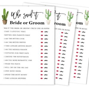 Inkdotpot Cactus Taco'bout Love 50-Pack He Said She Said Cards for Couples Funny Rehearsal Dinner Who Said it Question Bridal Shower Engagement Party Game Ideas