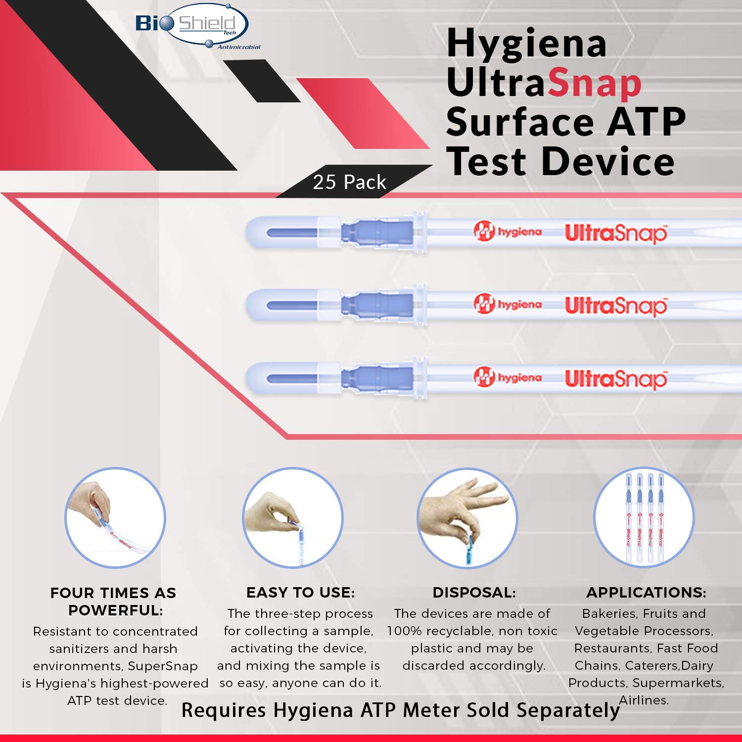 Bio Shield Tech Hygiena Ultrasnap Surface ATP Test Devices, ATP Testing Kit, User-Friendly, Biological Contamination Tests Kit Used with Hygiena Luminometers (25 Per Box)-US2020