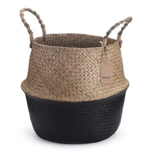 dokot seagrass belly basket with handles natural woven planter baskets for indoor plants storage laundry (black 8 inch d x 9 inch h)