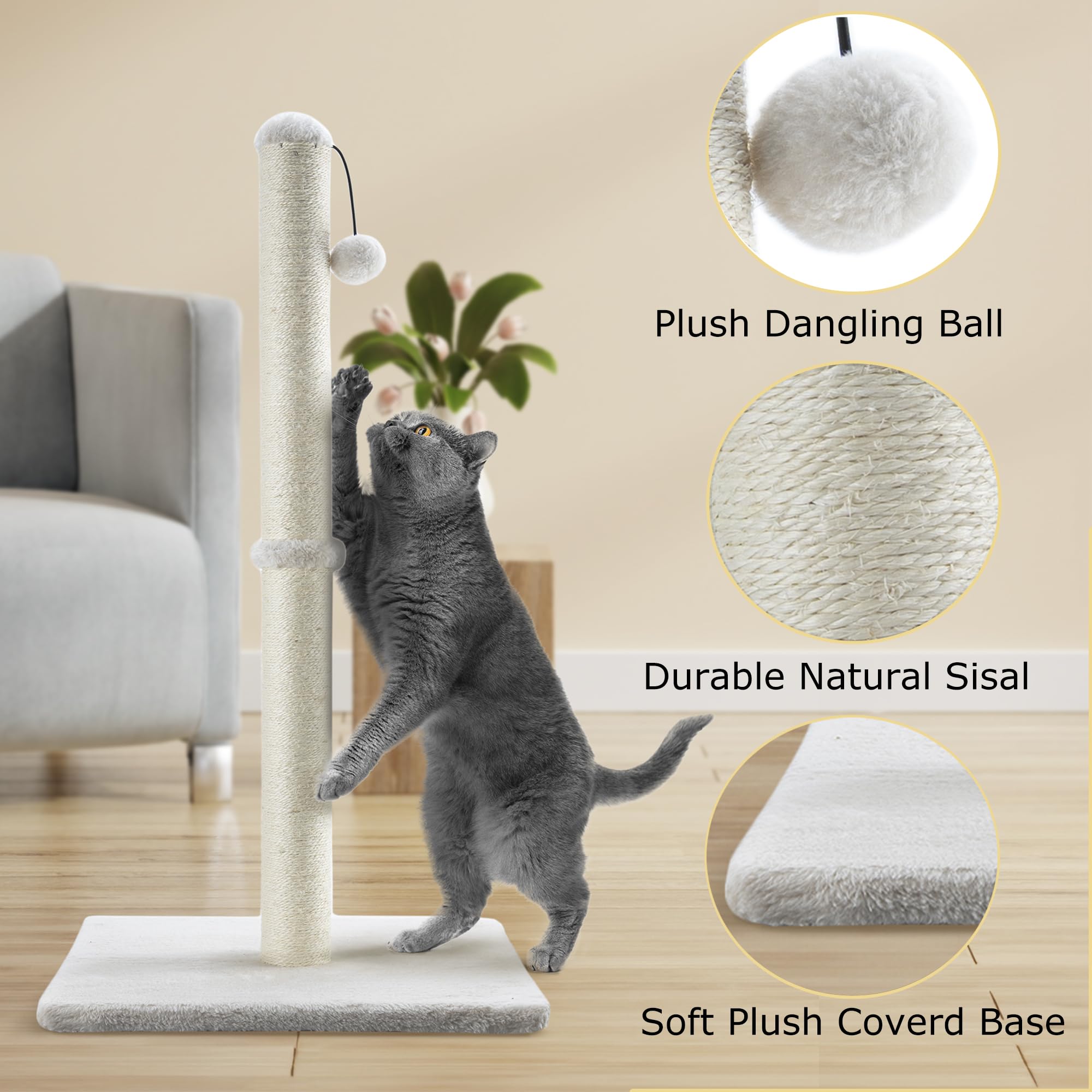 Dimaka 34" Tall Cat Scratching Post for Large Cats and Kittens, High Vertical Scratcher with Premium Natural Sisal Rope and Interactive Hanging Ball for Indoor Cats(Beige, 34 inches)