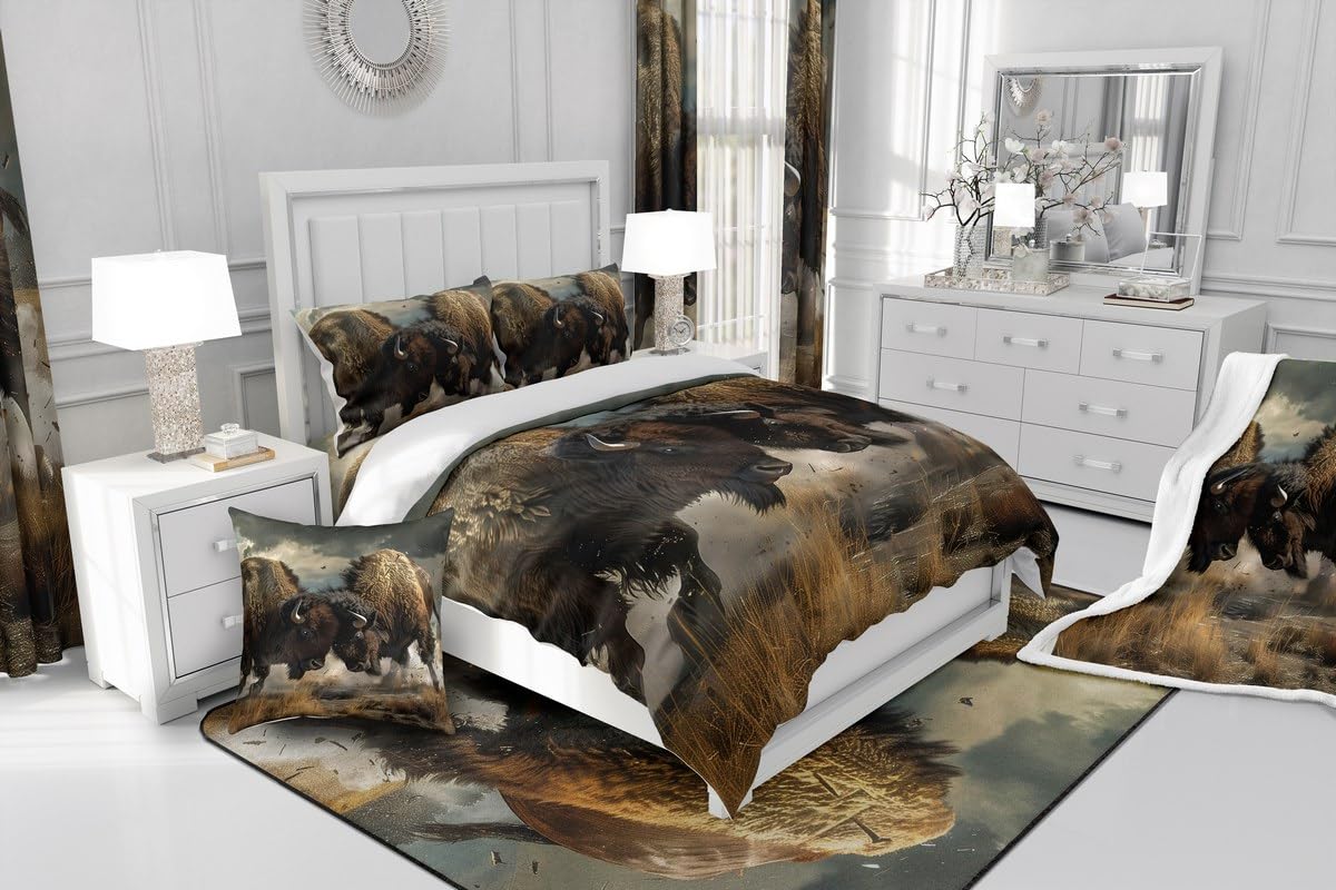 Erosebridal Bison Duvet Cover Set Twin Size Western Wildlife Buffalo Bull Bedding Set 2 Pieces, Boys Teens Comforter Set and 1 Pillow Sham, Dorm Hotel Home Decor Cover Sets, Animals Theme