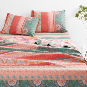 wake in cloud - boho bed sheets, 4-piece sheet set, bohemian chic mandala medallion colorful hippie aesthetic bedding, deep pocket, orange green, twin size