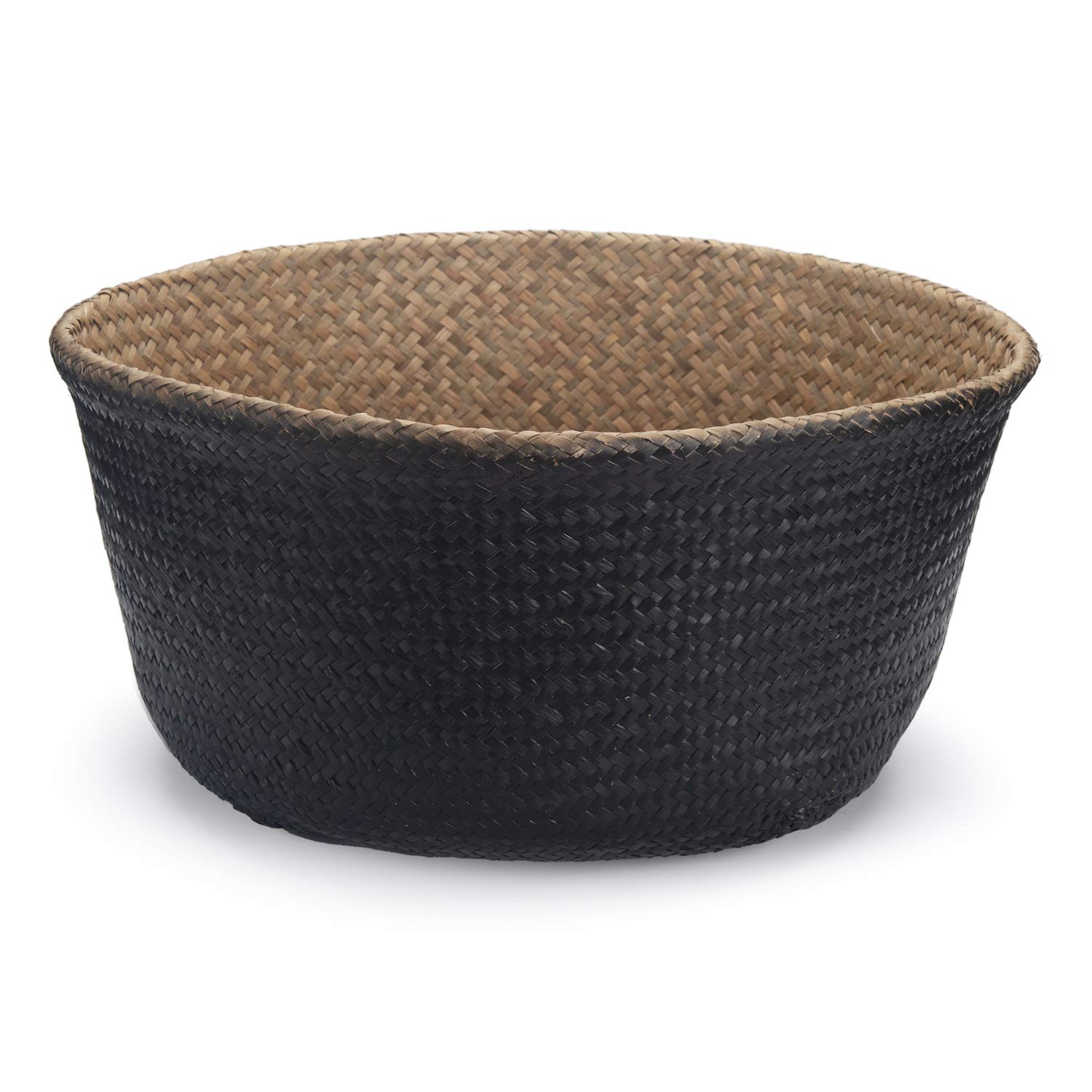 DOKOT Seagrass Belly Basket with Handles Natural Woven Planter Baskets for Indoor Plants Storage Laundry (Black 8 inch D x 9 inch H)