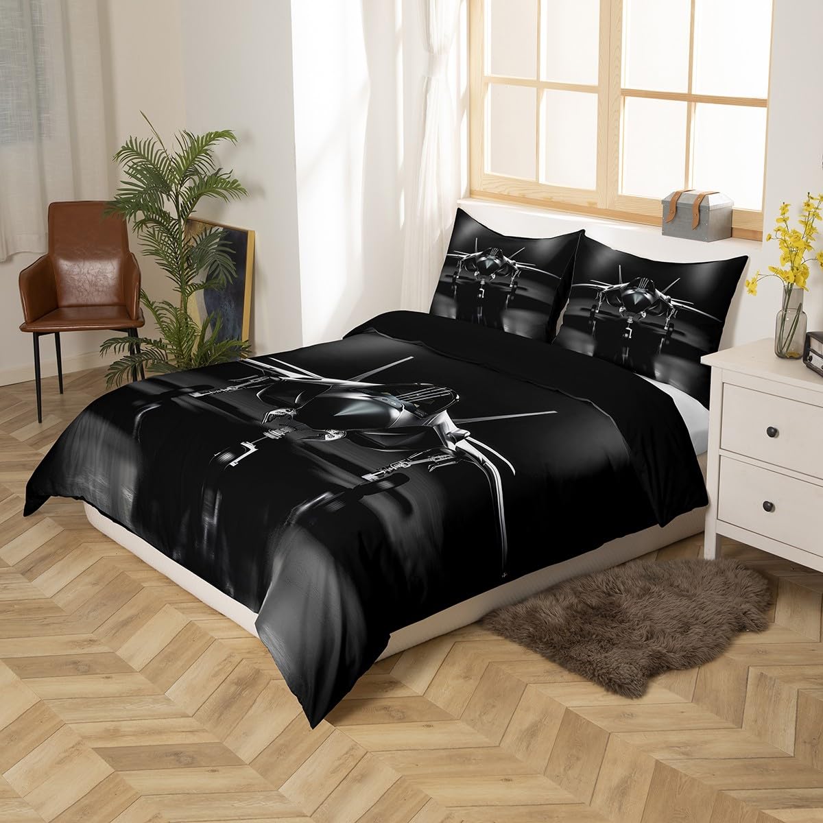 Erosebridal 3D Fighter Aircraft Comforter Set Boys Bedroom Decorative Kids Duvet Cover Black Airplane Printed Bedding Set Soft Microfiber Quilt Cover for Home Hotel Dorm (Full Size)