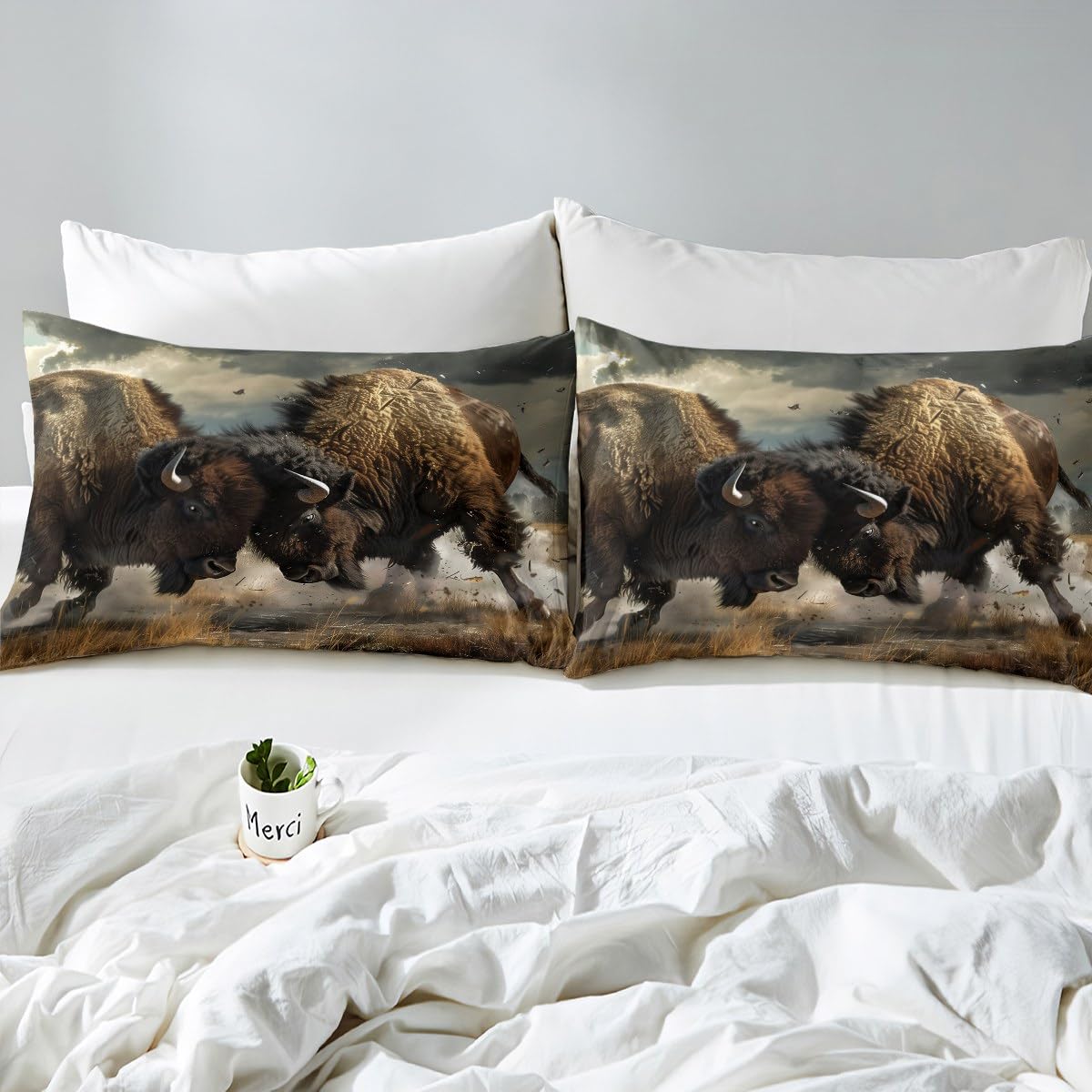 Erosebridal Bison Duvet Cover Set Twin Size Western Wildlife Buffalo Bull Bedding Set 2 Pieces, Boys Teens Comforter Set and 1 Pillow Sham, Dorm Hotel Home Decor Cover Sets, Animals Theme