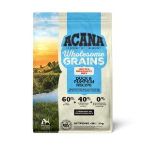 acana wholesome grains limited ingredient diet dry dog food, duck & pumpkin recipe, single protein duck dog food, 4lb