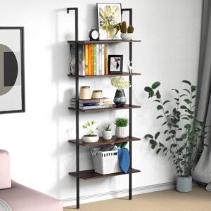 wakefit ladder shelf industrial bookshelf, 5-tier ladder bookshelf with metal and wood, wall mounted modern bookcase display shelf organizer for home office, bedroom and living room, dark walnut