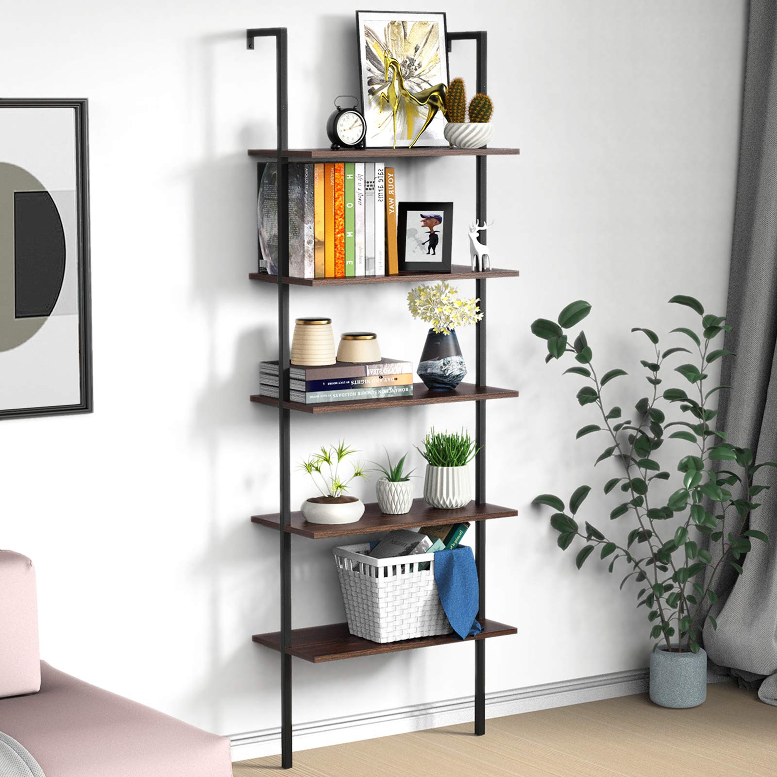 Wakefit Ladder Shelf Industrial Bookshelf, 5-Tier Ladder Bookshelf with Metal and Wood, Wall Mounted Modern Bookcase Display Shelf Organizer for Home Office, Bedroom and Living Room, Dark Walnut