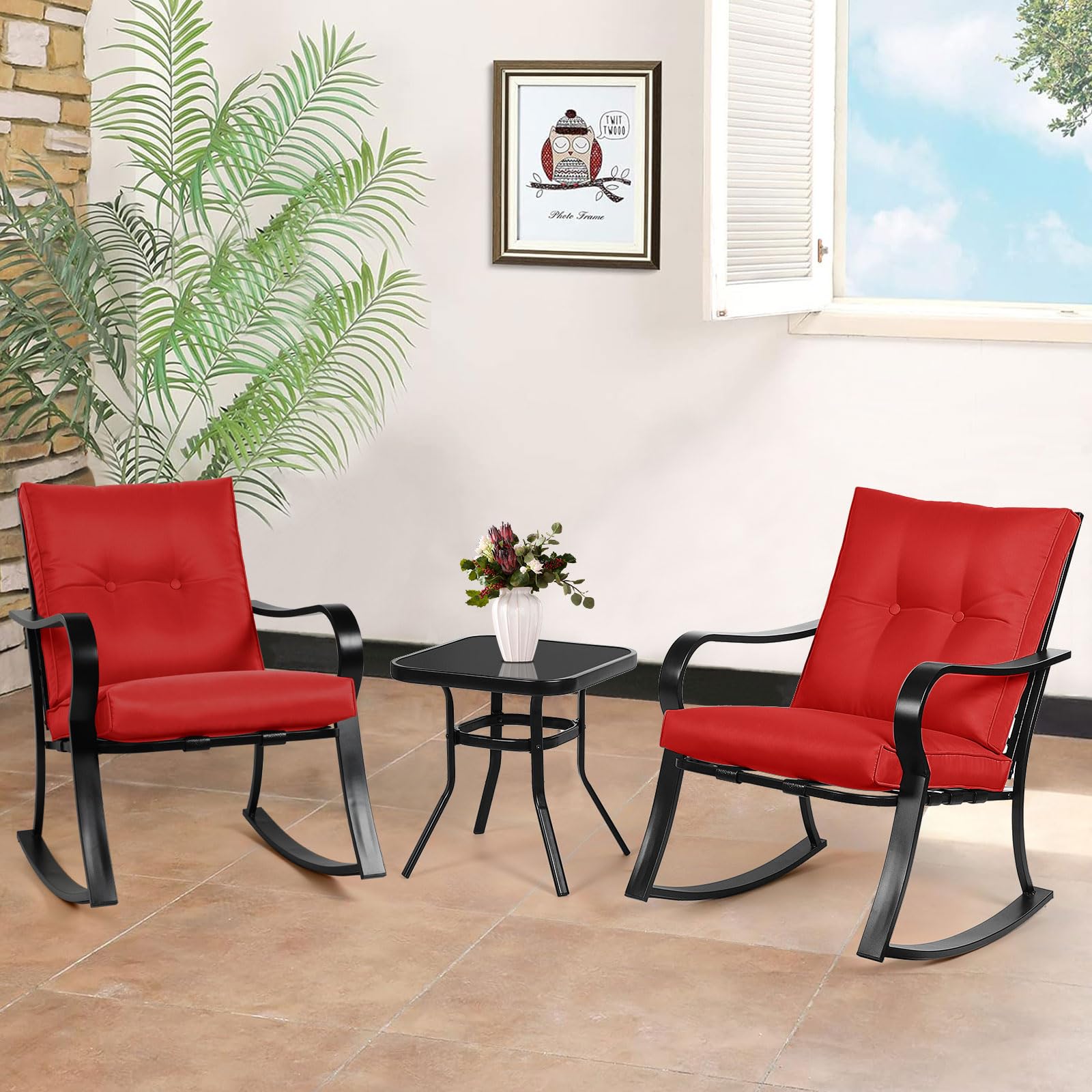 Crownland Outdoor Rocking Chairs Patio Furniture 3 Piece Patio Set Bistro Table Set Black Ironl with Thickened Cushions and Glass Coffee Table, Red