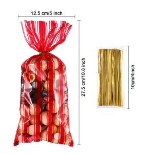 100 Pieces Plastic Circus Carnival Party Treat Bags Red and White Stripe Printed Clear Cellophane Carnival Party Cookie Candy Goody Treat Bags with 100 Gold Twist Ties for Circus Carnival Party Favor