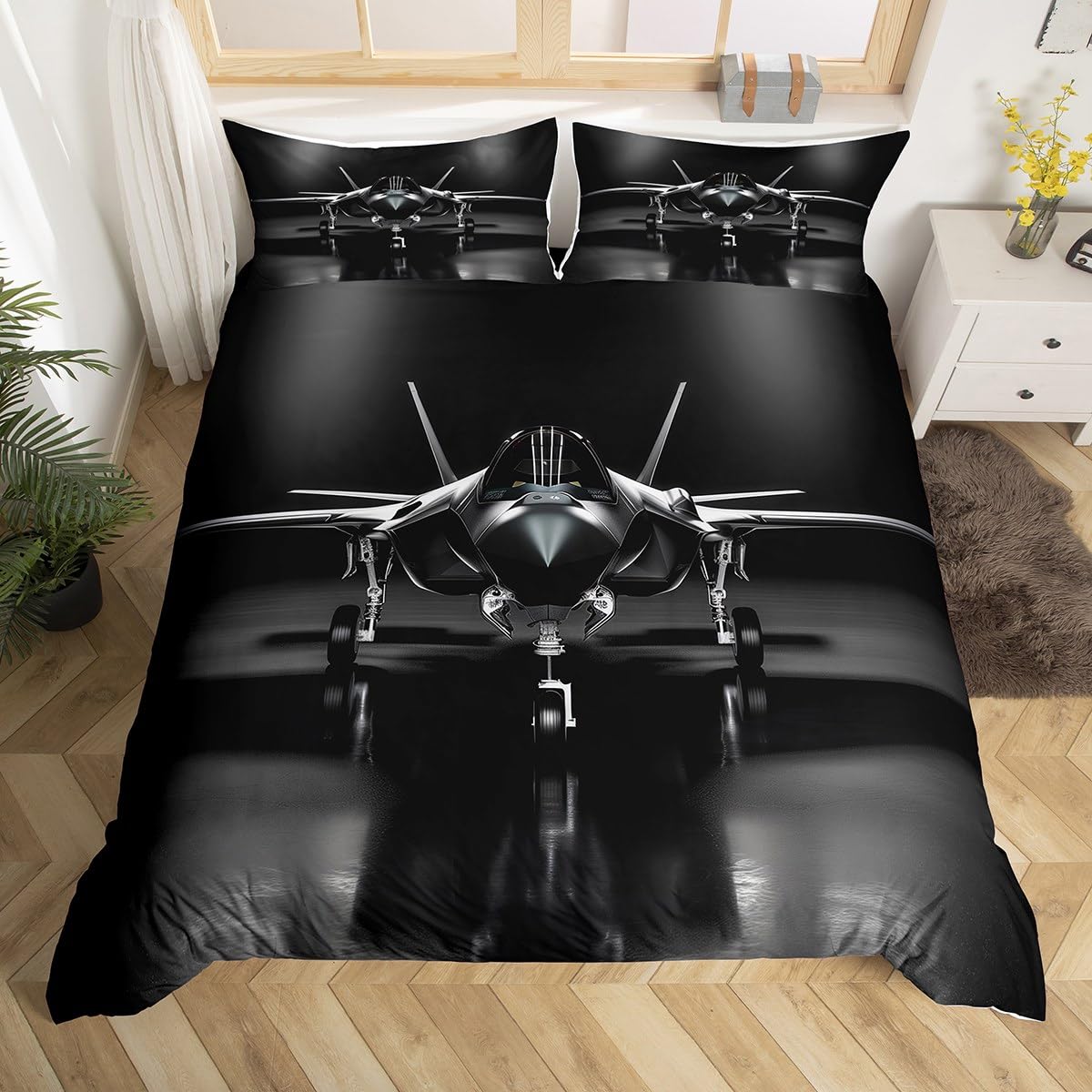 Erosebridal 3D Fighter Aircraft Comforter Set Boys Bedroom Decorative Kids Duvet Cover Black Airplane Printed Bedding Set Soft Microfiber Quilt Cover for Home Hotel Dorm (Full Size)