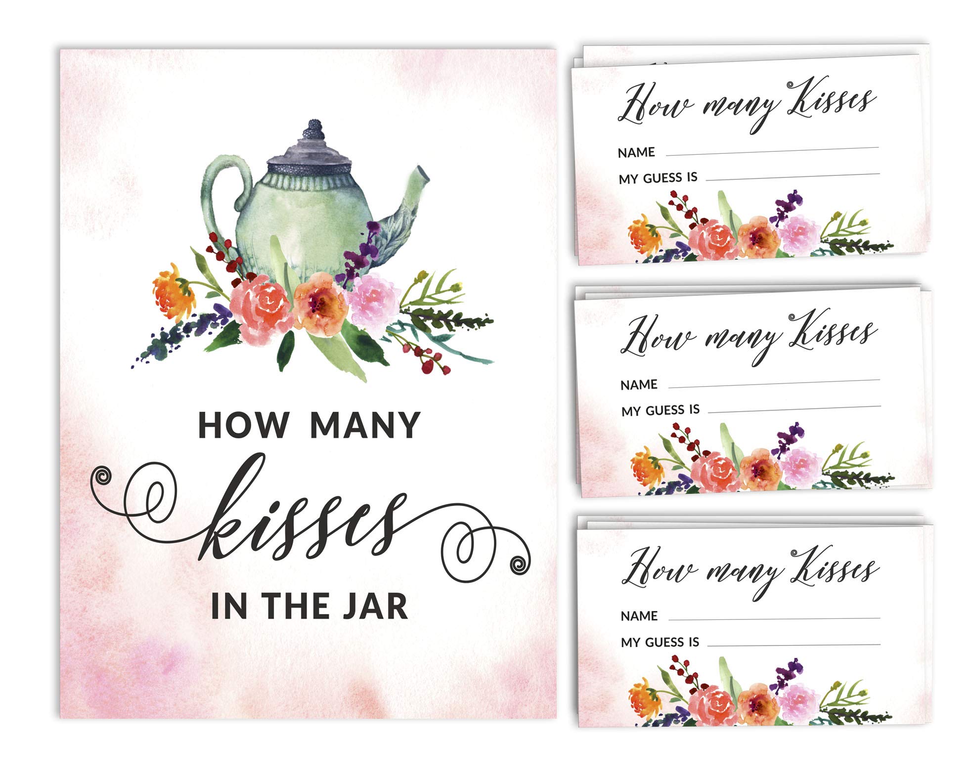 Inkdotpot How Many Kisses in The Jar White Tea Party Bridal Shower Game 1 Sign + 30 Cards