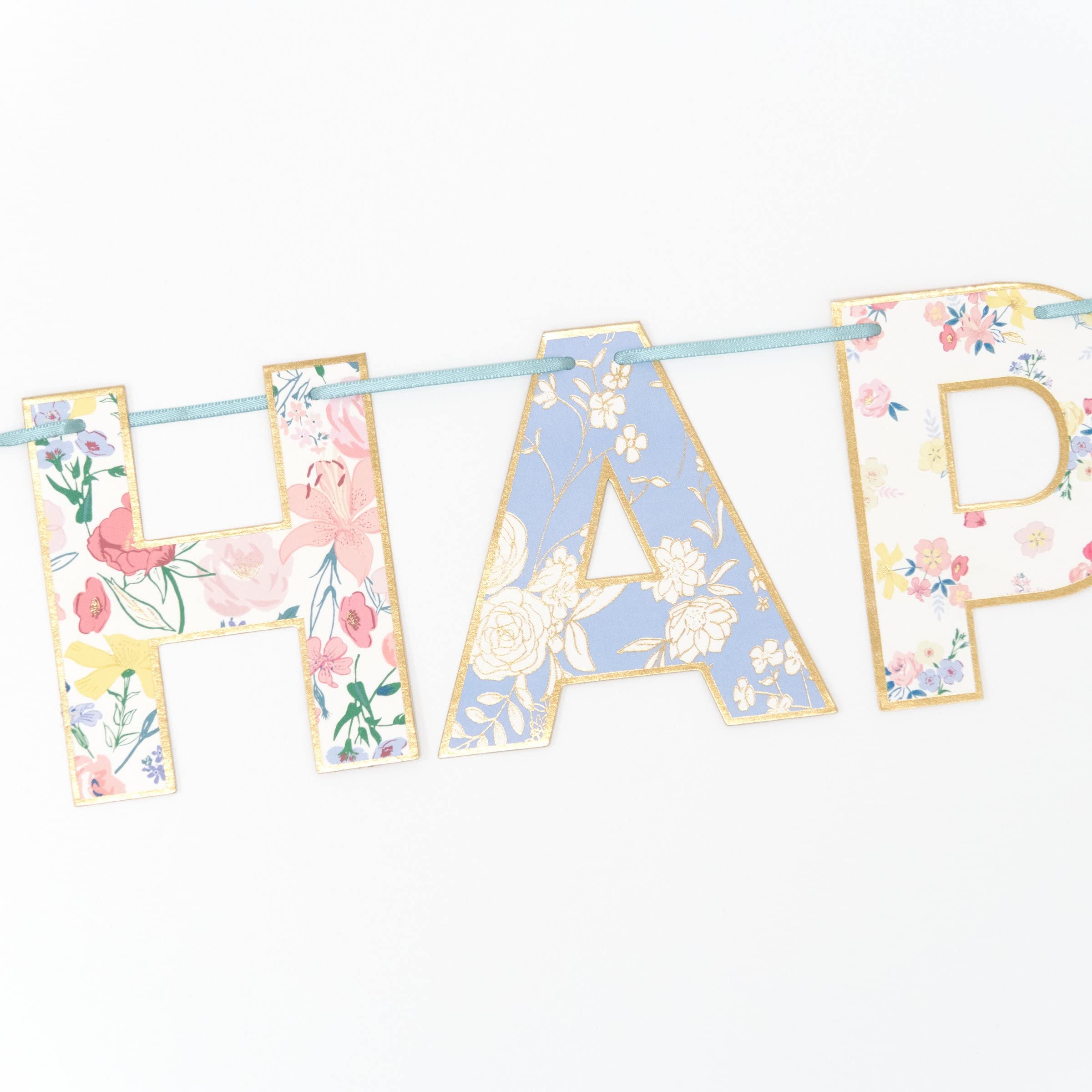 Meri Meri English Garden Happy Birthday Banner (Pack of 1), 6' Birthday Party Garland Including Excess Cord, Meri Meri Party Garland