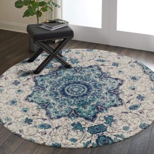 lahome collection traditional vintage floral round area rug - 3' diameter non-slip medallion vintage area rug small accent distressed throw rugs floor carpet for entryway bedrooms (3' diameter, blue)