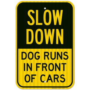 sigo signs dogs at play sign, slow down dog runs in front of cars, large 12x18 3m reflective (egp) heavy .63 aluminum,weather/fade resistant, easy mounting, indoor/outdoor use, made in usa