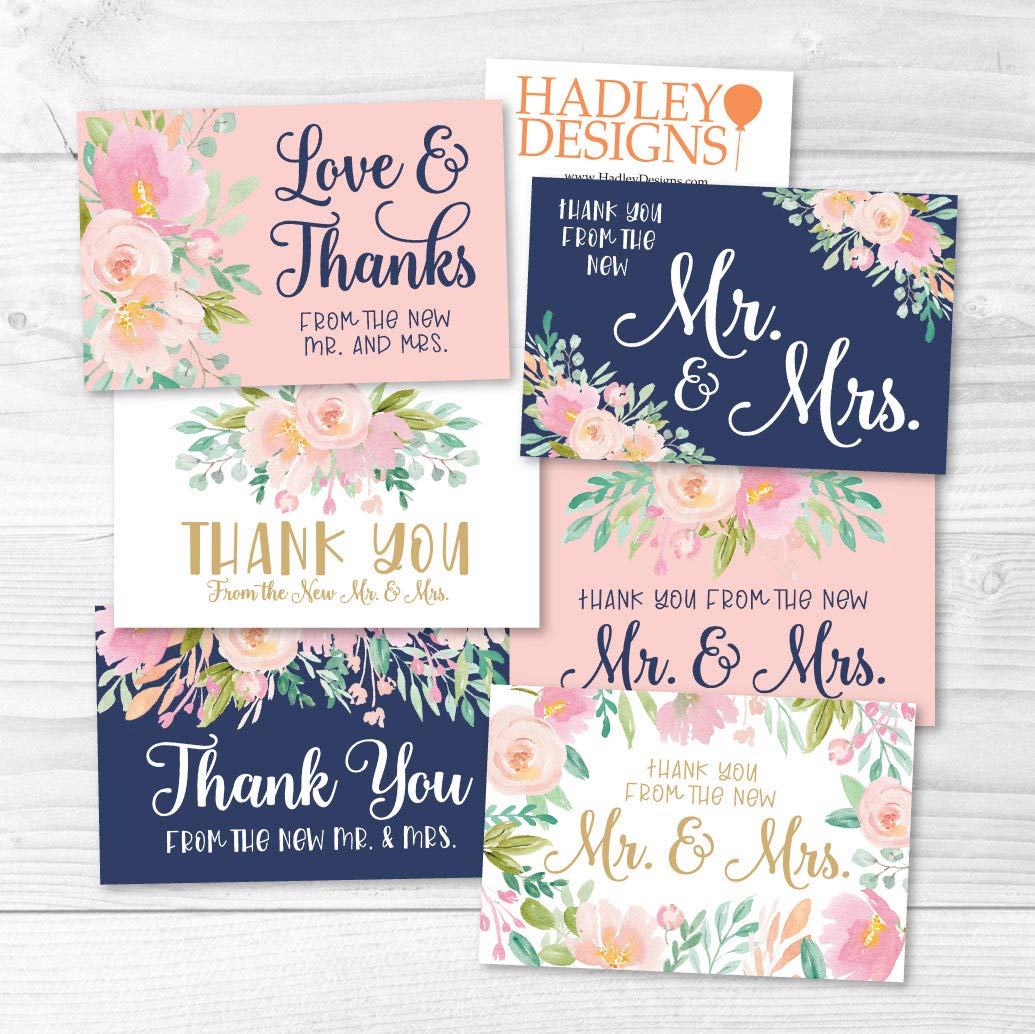 24 Navy Floral Wedding Thank You Cards With Envelopes Wedding Thank You From The New Mr And Mrs Cards - Mr And Mrs Thank You Cards Wedding With Envelopes, Bride Thank You Wedding Cards With Envelopes